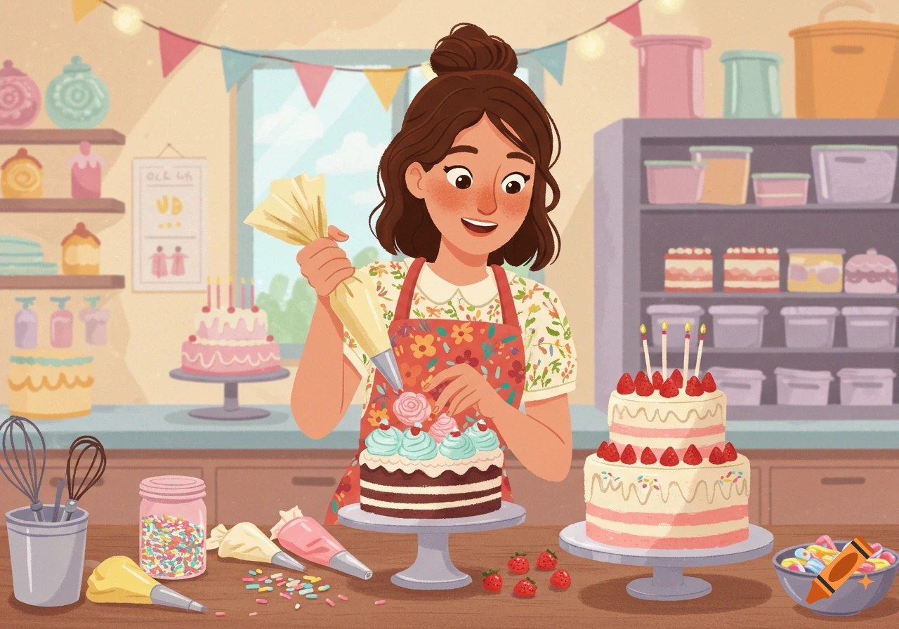 Animated illustration of a woman decorating a cake in a kitchen. on Craiyon