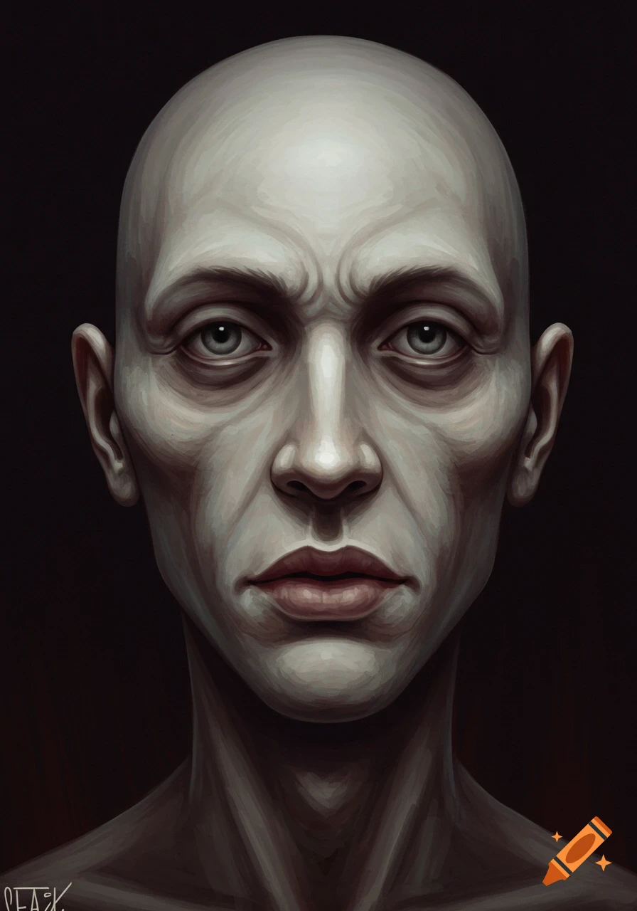 Close-up painted portrait of a pale, bald person with a gaunt face ...