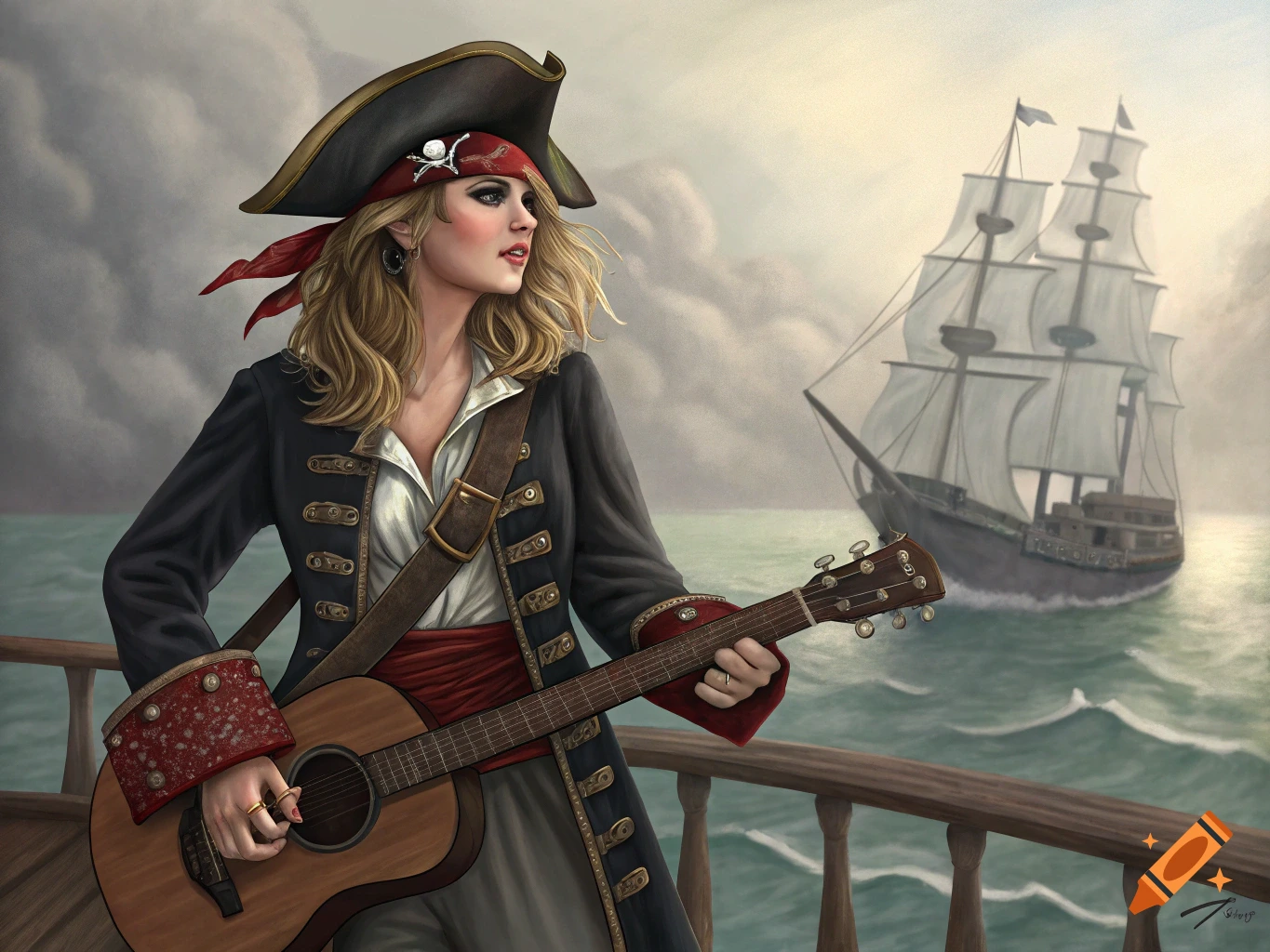 Digital painting of a female pirate playing a guitar on a ship's deck ...