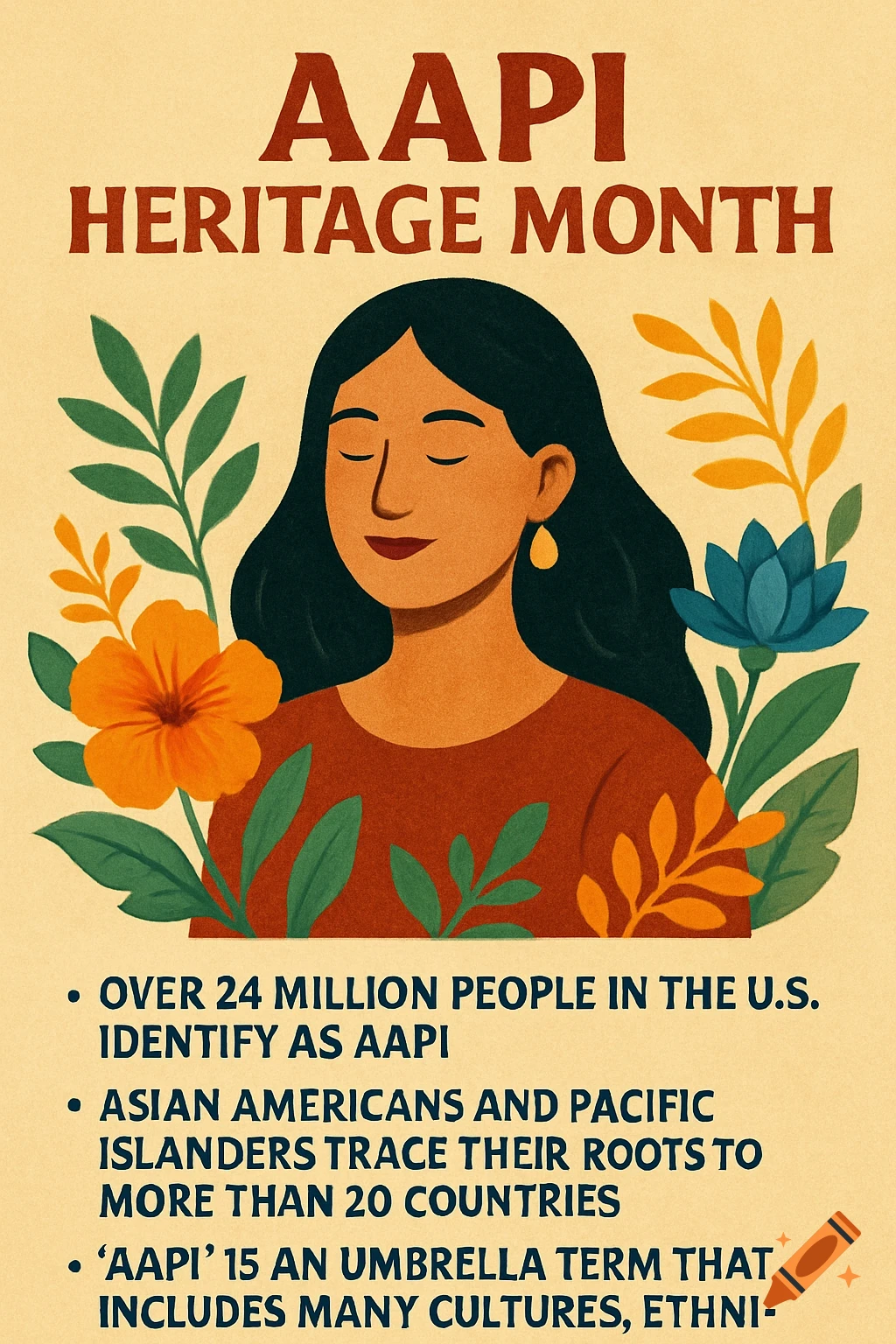 A poster for AAPI Heritage Month featuring an illustration of a woman ...
