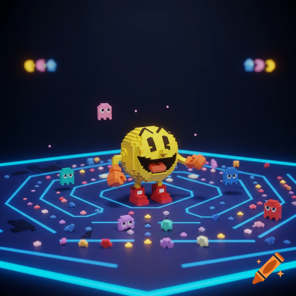 Voxel Pac-Man in a maze with ghosts and power pellets on Craiyon