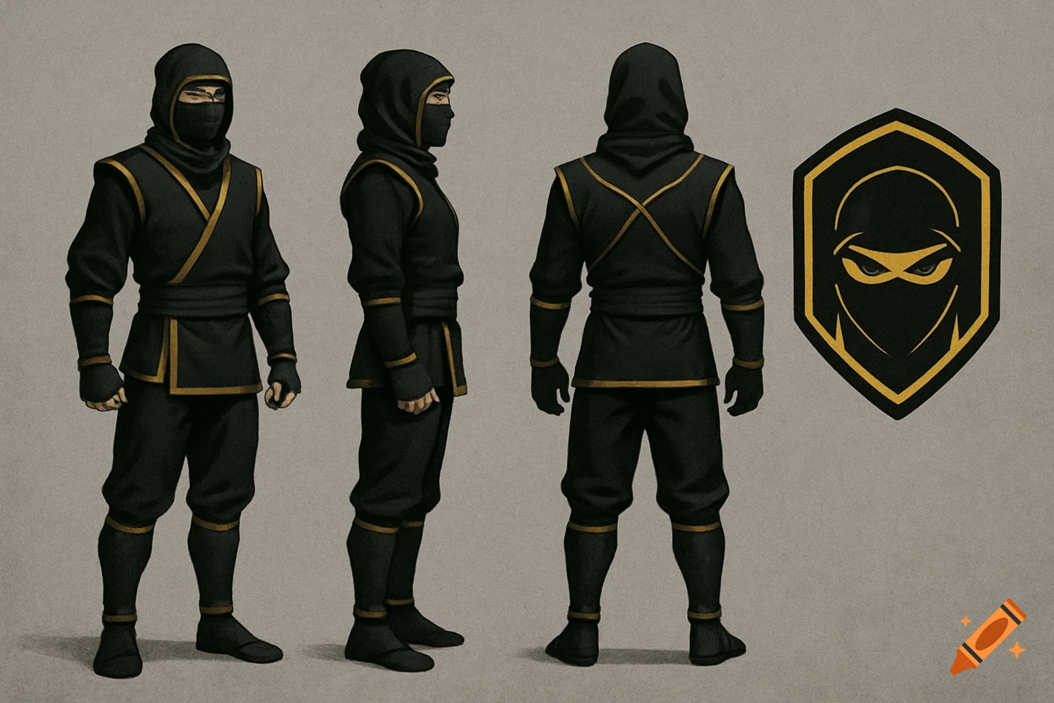 Concept art showing front, side, and back views of a black and gold ...