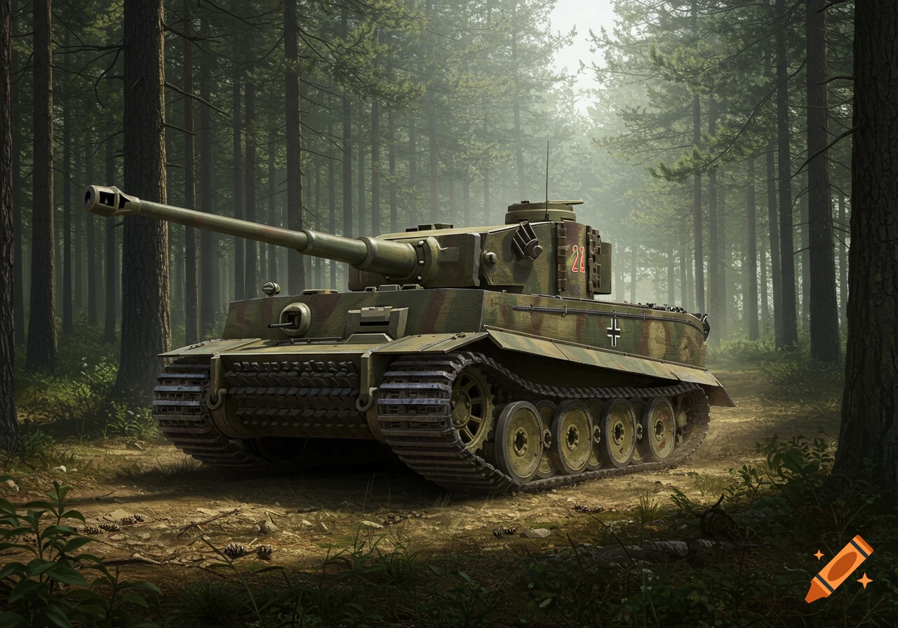 A detailed rendering of a Tiger tank resting in a sun-dappled forest clearing. on Craiyon