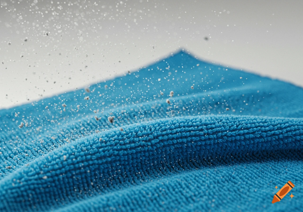 Close-up of a blue microfiber cloth with dust particles floating above ...