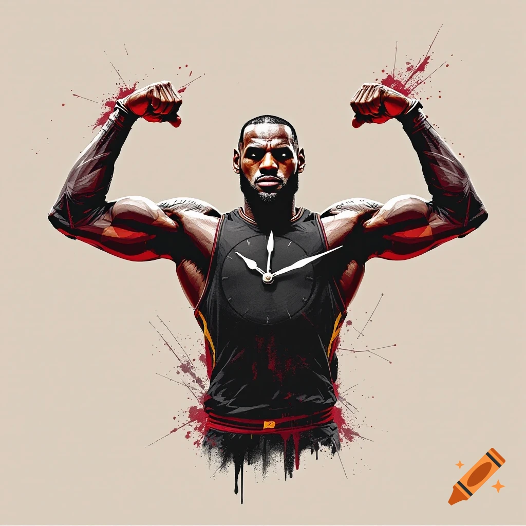 Stylized illustration of LeBron James flexing with a clock face on his ...