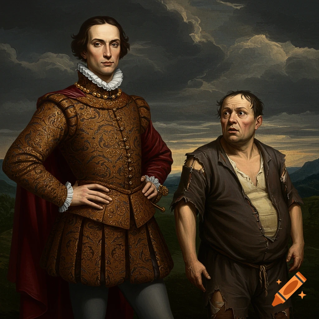 A painting of a richly dressed man and a man in rags standing in a ...
