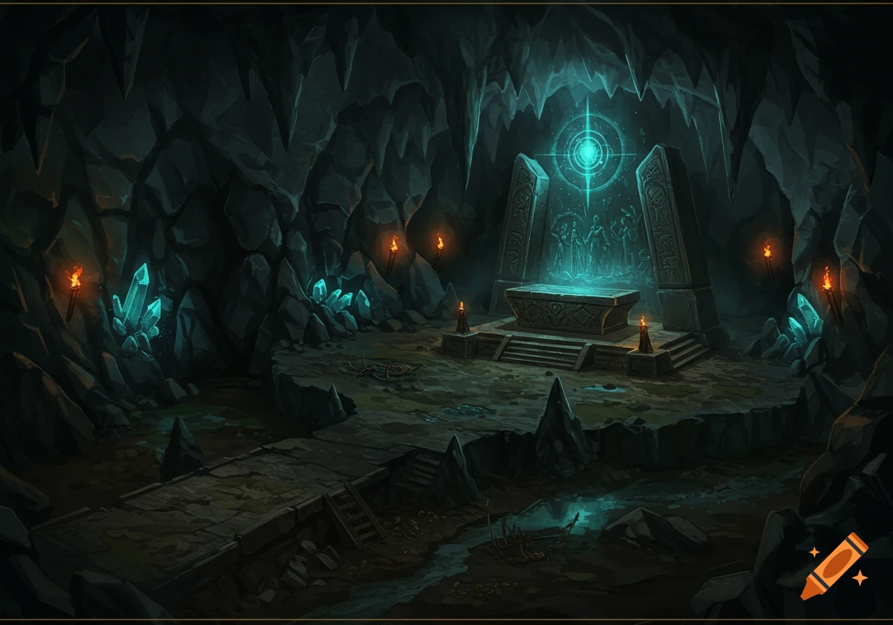 A dark fantasy underground cave with a glowing altar and torches. on ...