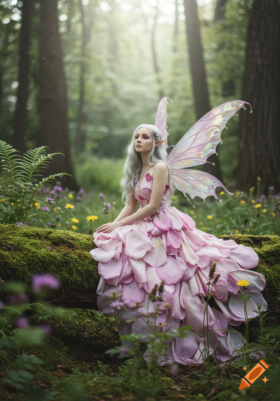 A fairy with pink petal wings and dress sits on a mossy log in a sunny forest. on Craiyon