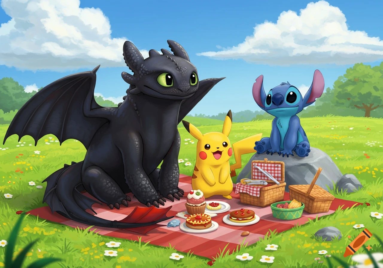 Toothless, Pikachu, and Stitch have a picnic in a grassy field. on Craiyon