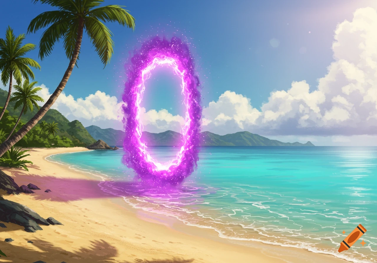 A purple glowing portal floats over a tropical beach with palm trees ...