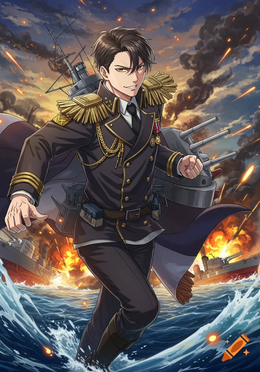 Anime man in military uniform stands in a battle at sea with warships ...