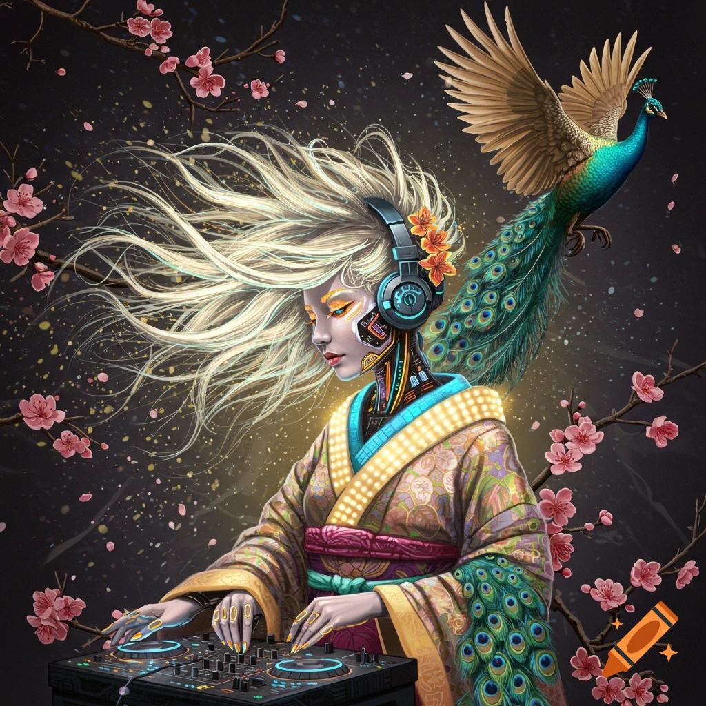 A surrealistic DJ geisha with cybernetic neck and flowing hair mixes ...