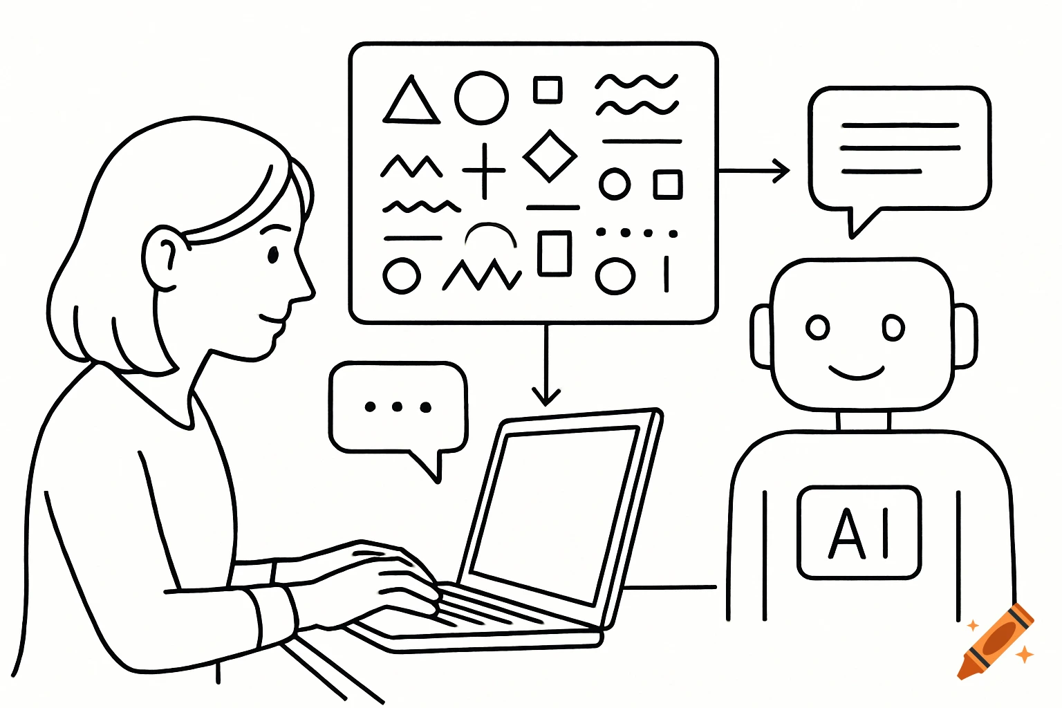 Line drawing of a person using a laptop next to an AI robot with ...