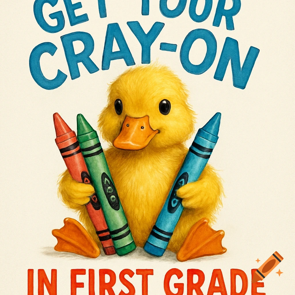 Cute duckling holding crayons with 'Get Your Cray-On in First Grade ...