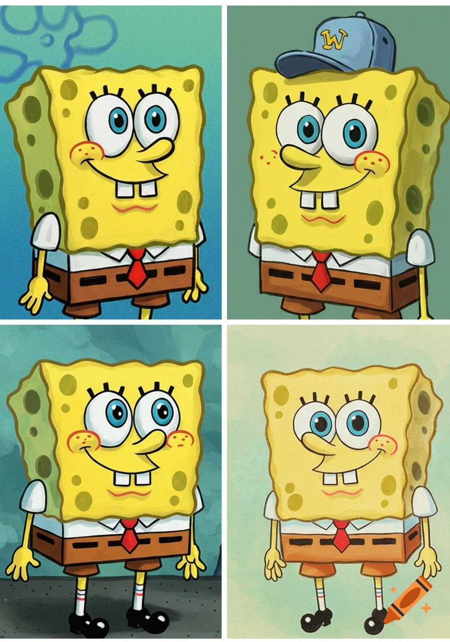 Four panels show Spongebob Squarepants in different cartoon styles, one wears a cap. on Craiyon