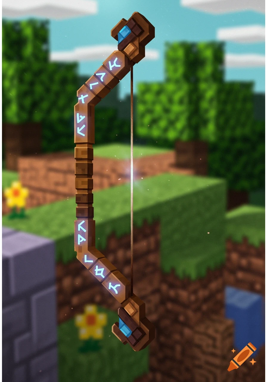 A Minecraft-style enchanted bow with glowing runes stands in a blurred ...