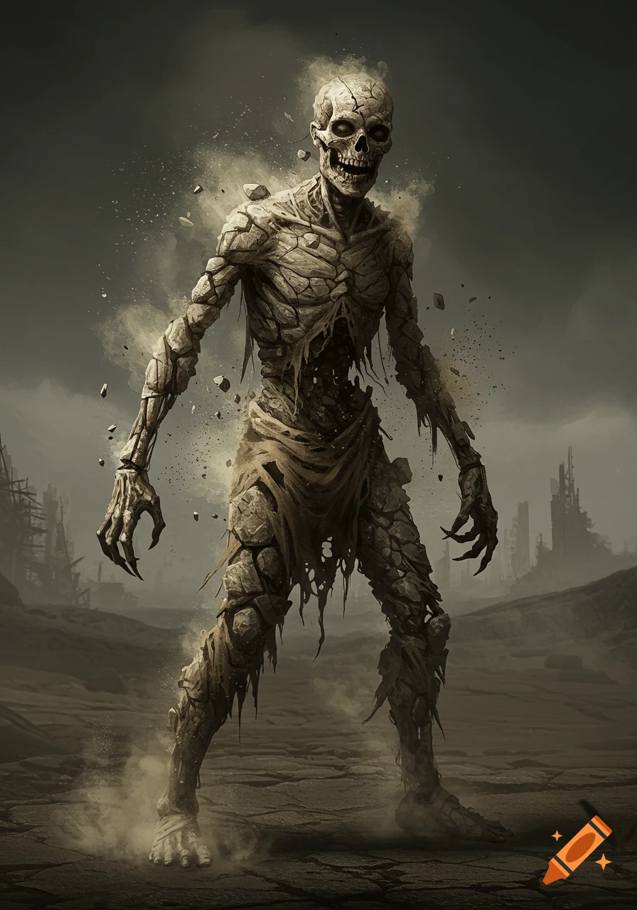 A zombie-like creature made of dust and stone stands in a desolate ...