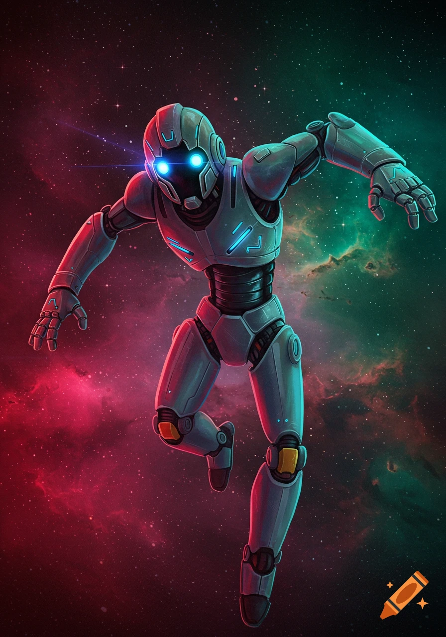 A futuristic robot floating in space with a colorful nebula background ...