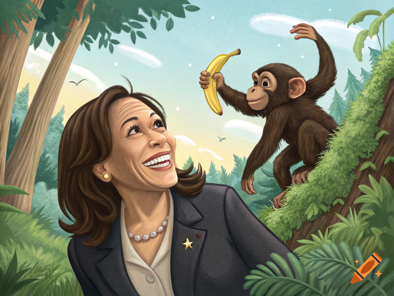 Caricature of Kamala Harris looking up at a monkey holding a banana in ...
