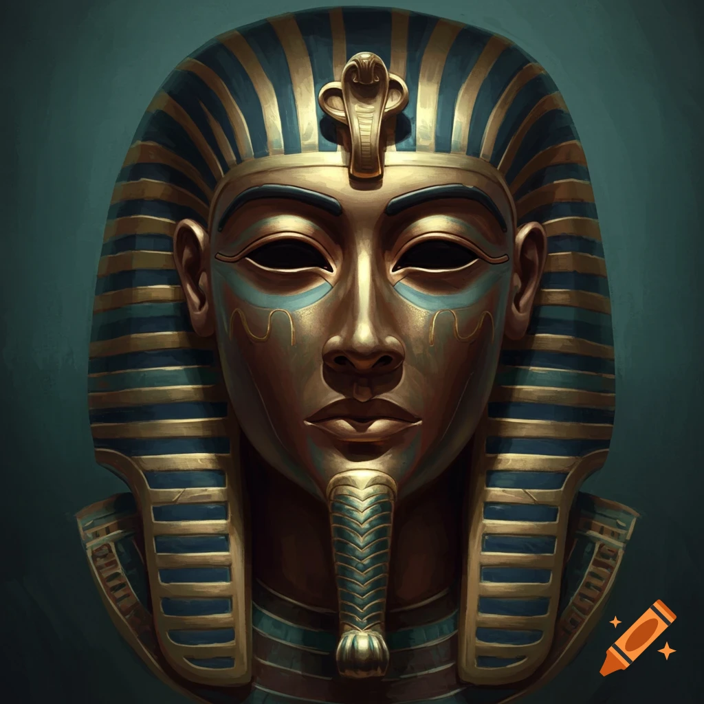 Close-up of a gold and blue ancient Egyptian mask in oil paint style ...