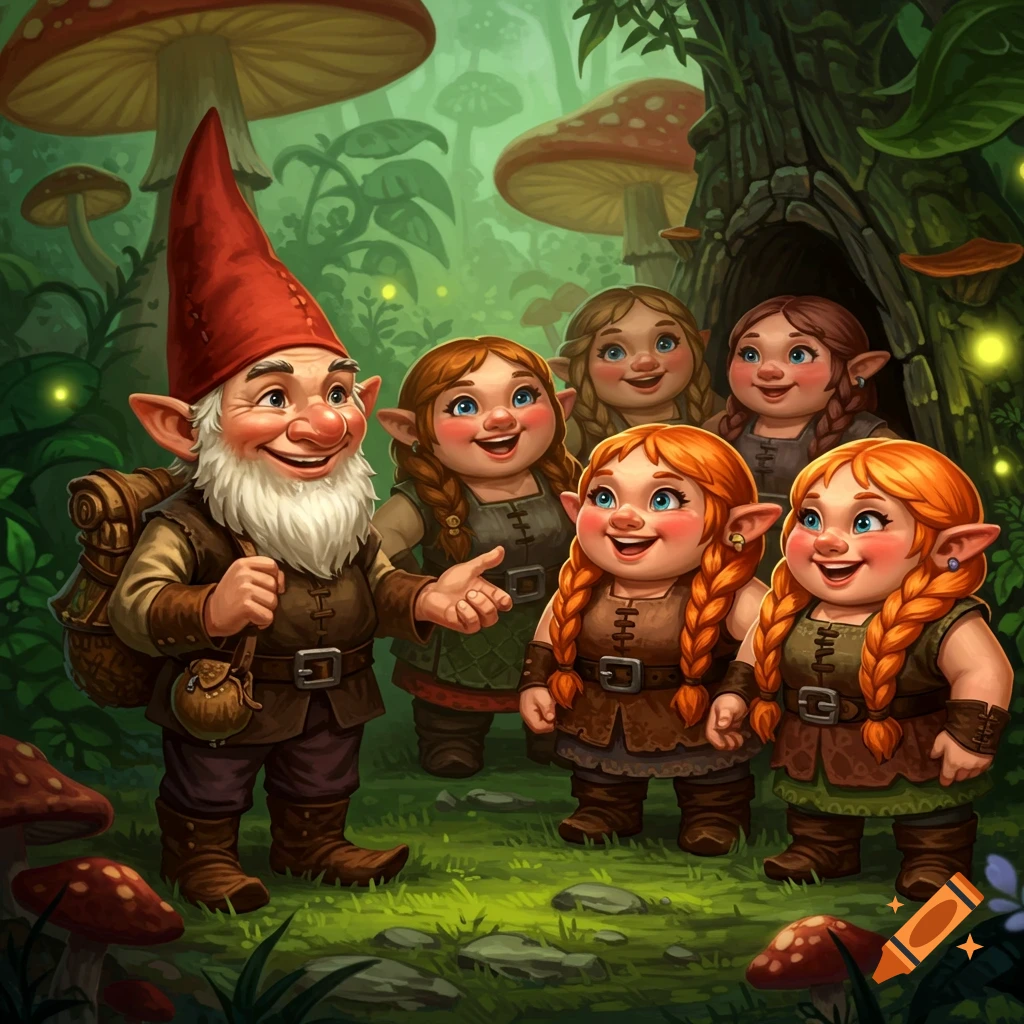 A cheerful gnome talks to a group of smiling dwarf women in a magical ...