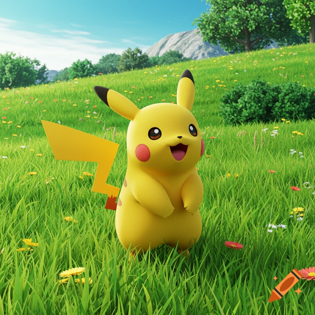 A cute Pikachu stands in a sunny green field with flowers and trees. on ...