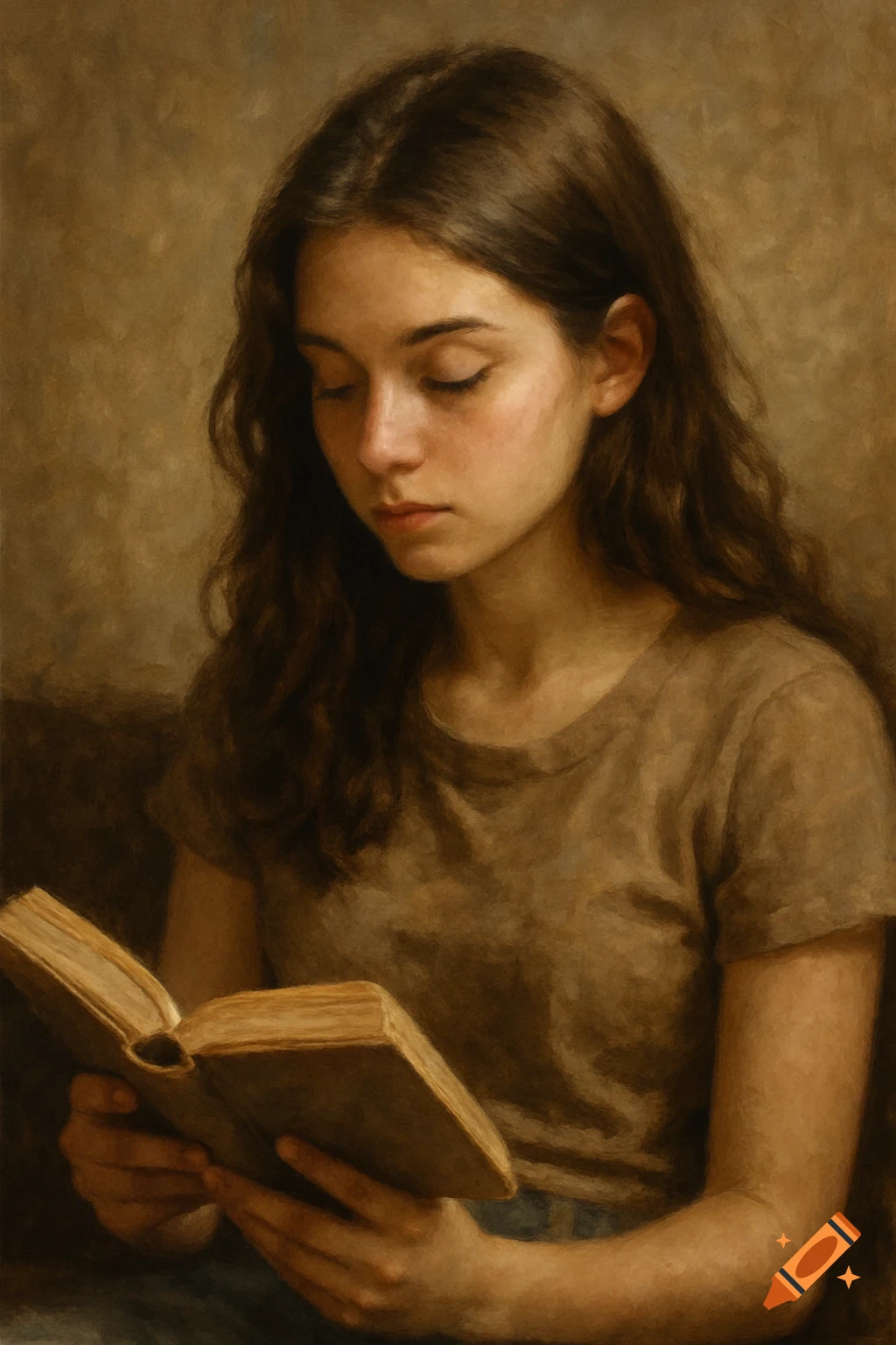 Painterly portrait of a young woman reading a book. on Craiyon