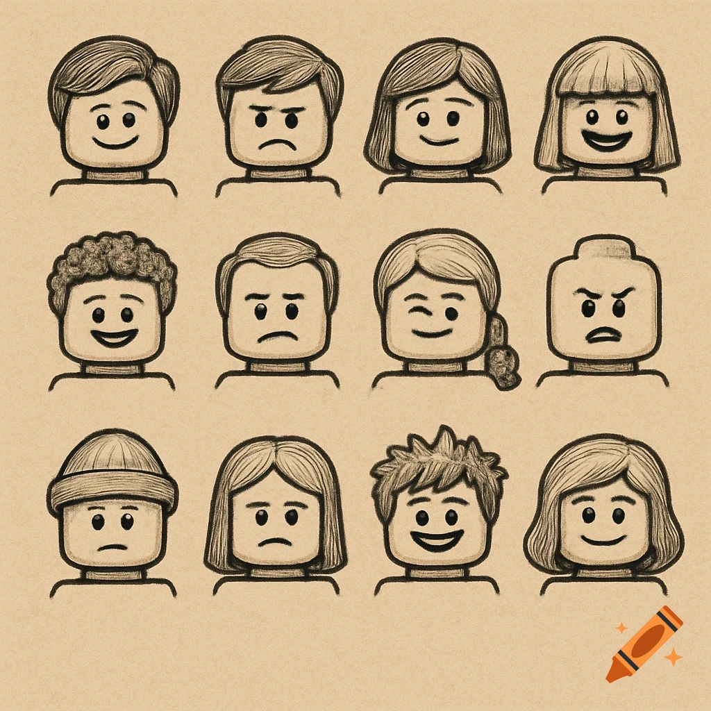 Sketch of 12 LEGO heads with different hairstyles and facial ...