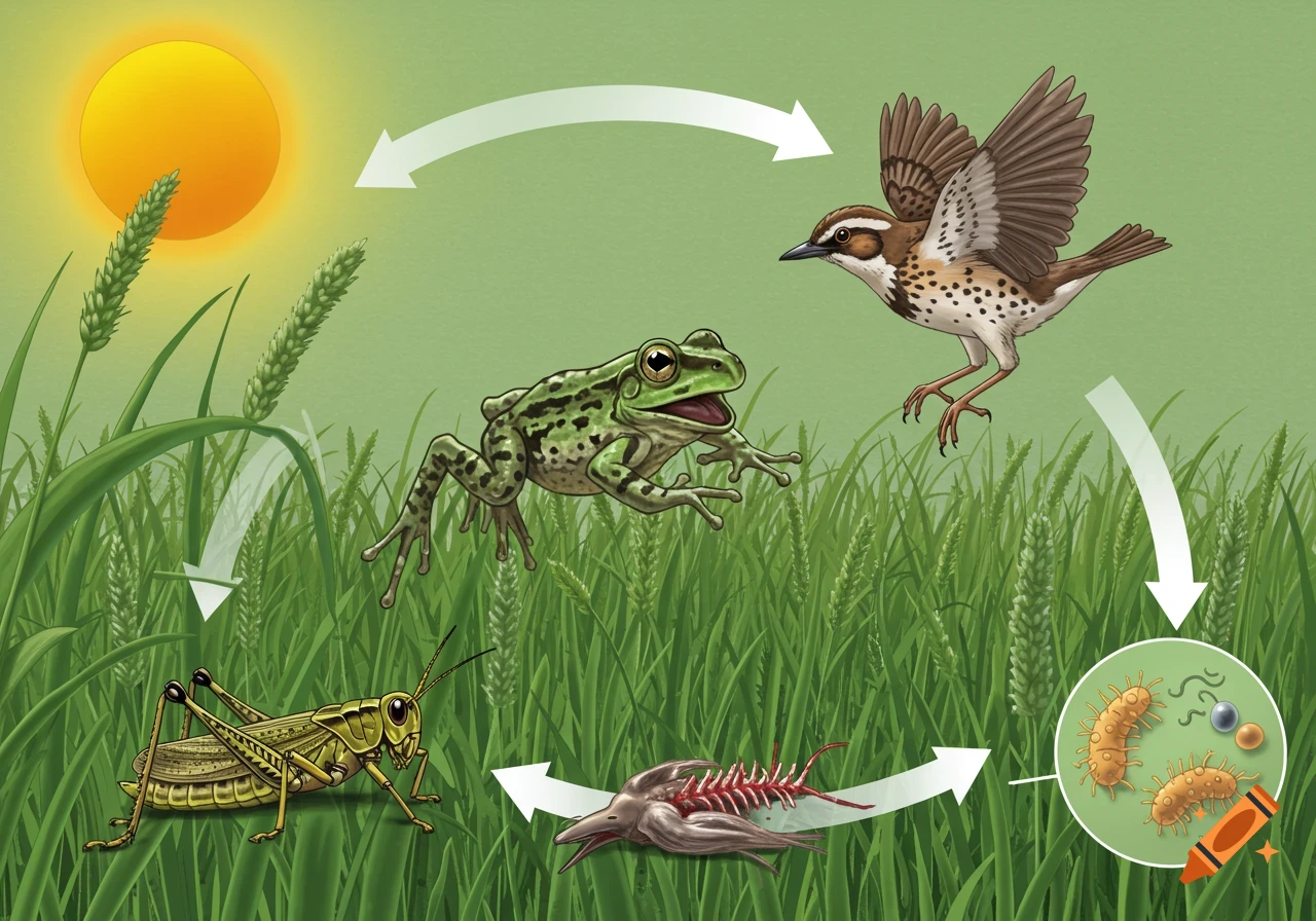 Illustration of a grassland food chain with sun, grass, grasshopper ...