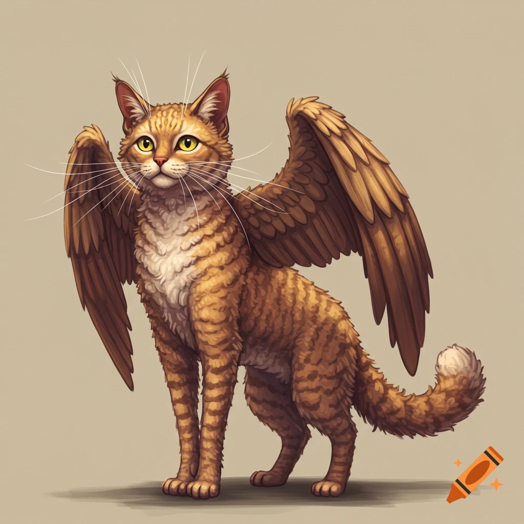 An illustrated orange tabby cat with large feathered wings stands ...
