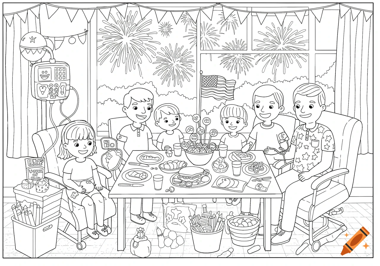 Coloring sheet of a family Fourth of July dinner with home dialysis ...