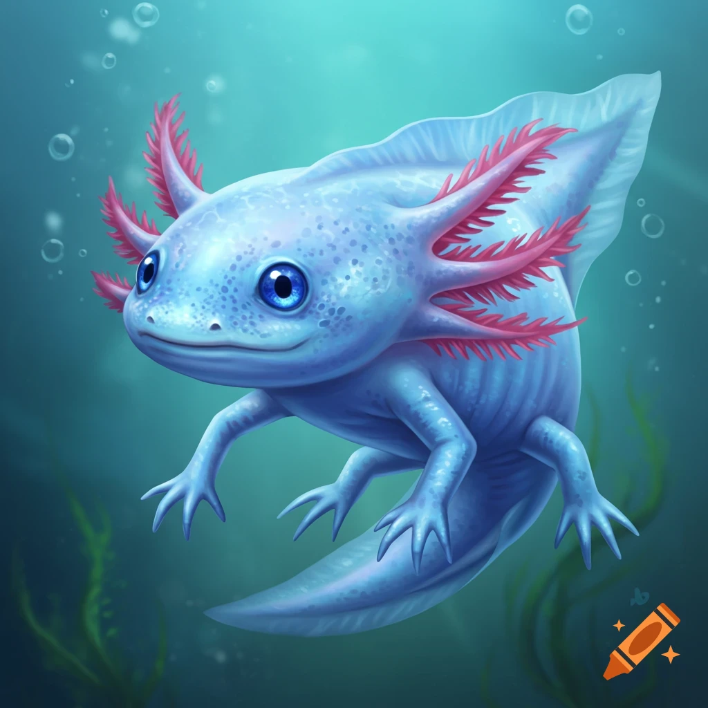 A cute blue axolotl with pink frills swims underwater among bubbles and ...