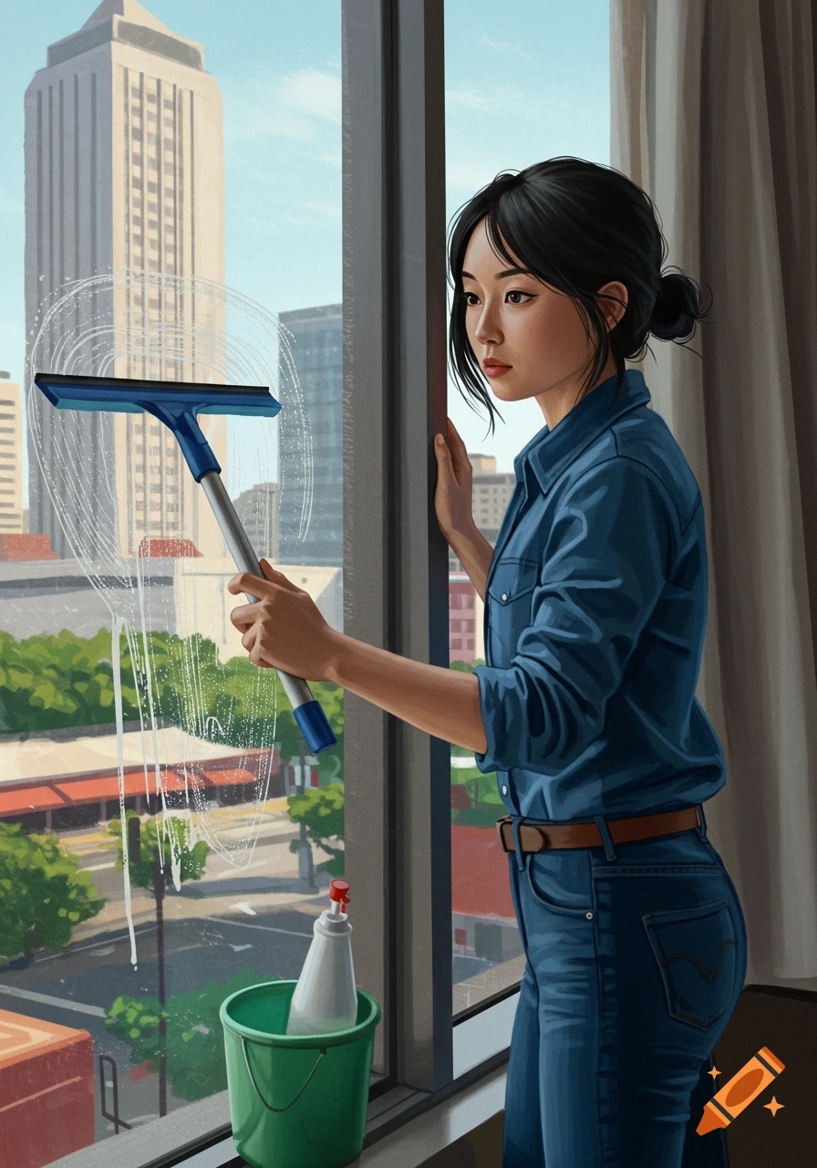 Woman cleaning a window overlooking a city, digital painting. on Craiyon