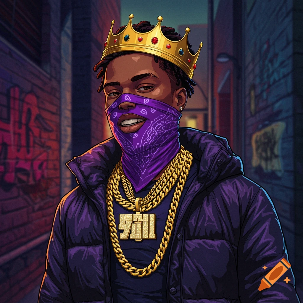 Illustration of young man in gold crown, purple bandana mask, and gold ...