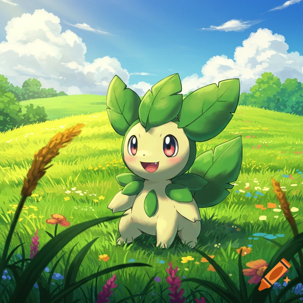 Anime illustration of a cute grass-type Pokémon in a sunny field of ...