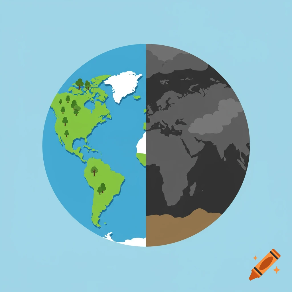 Illustration of Earth split in half, showing a healthy green side and a ...