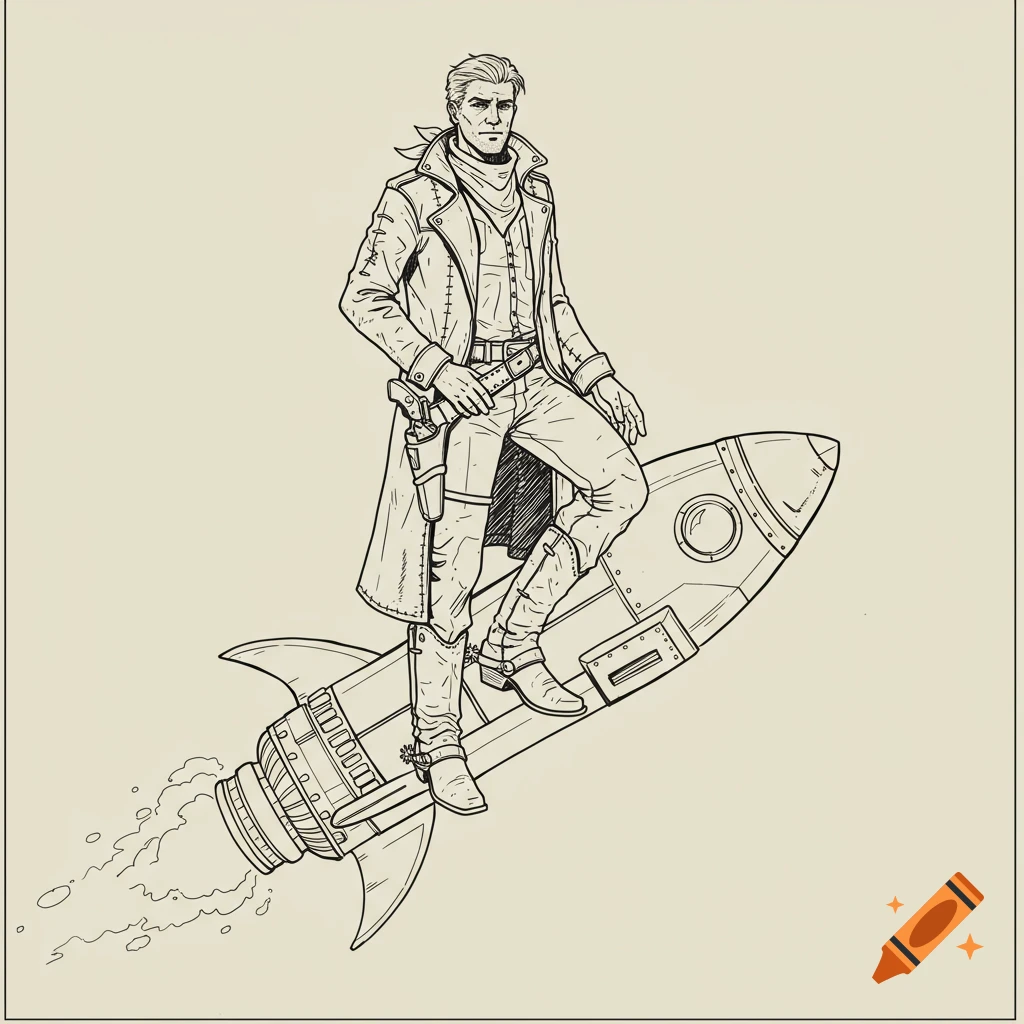 Line drawing of a space cowboy riding a launching rocket. on Craiyon
