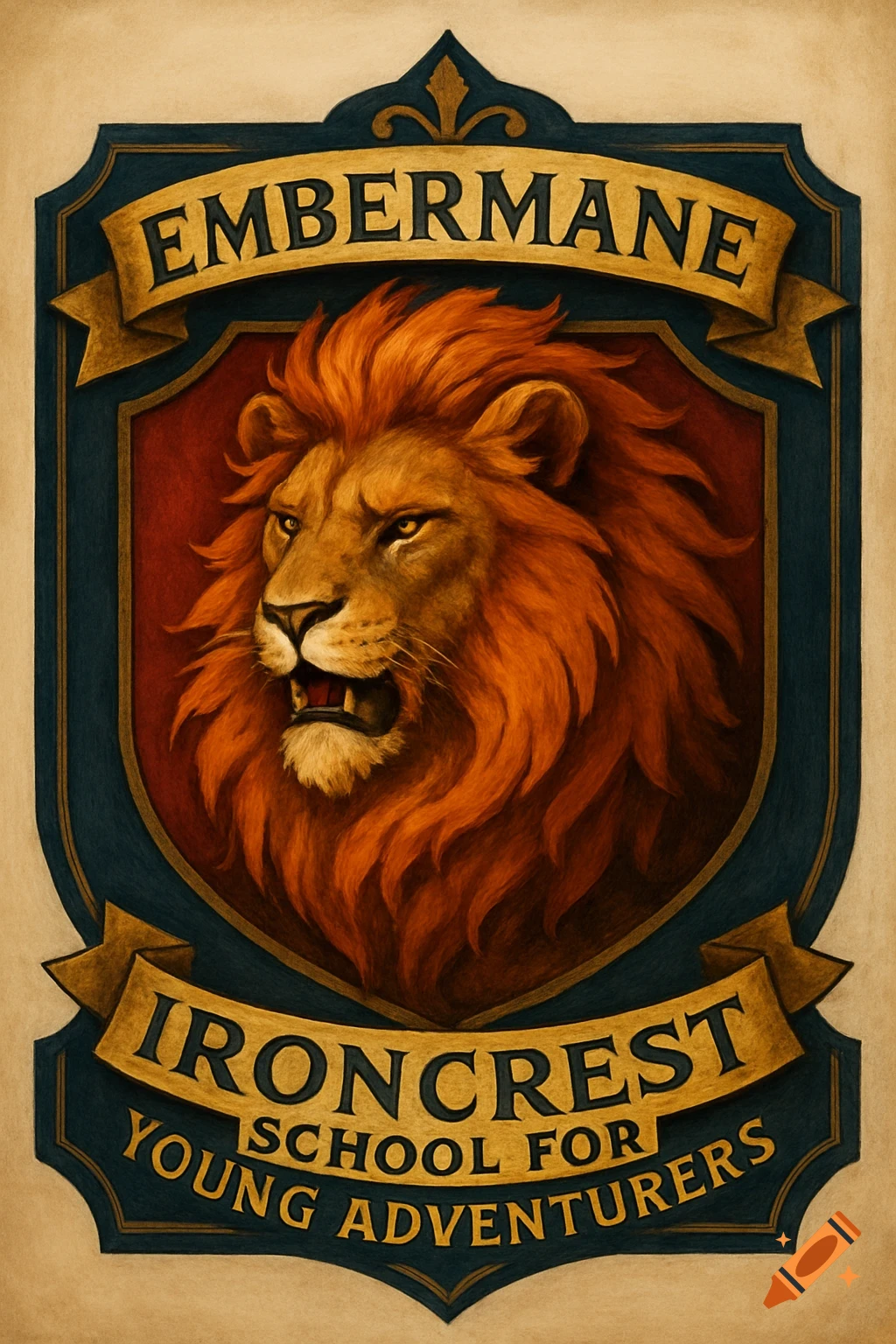 A fantasy crest featuring a fierce lion's head with a fiery mane ...