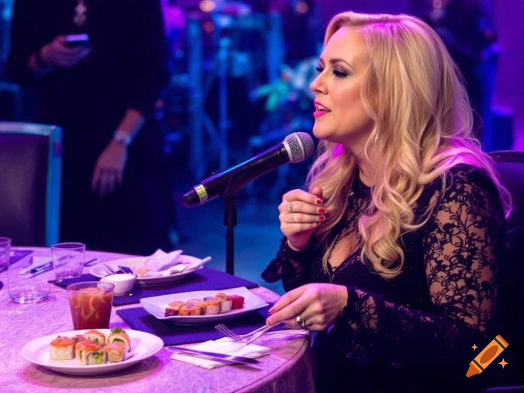 Blonde woman singing into a microphone at a table with sushi. on Craiyon