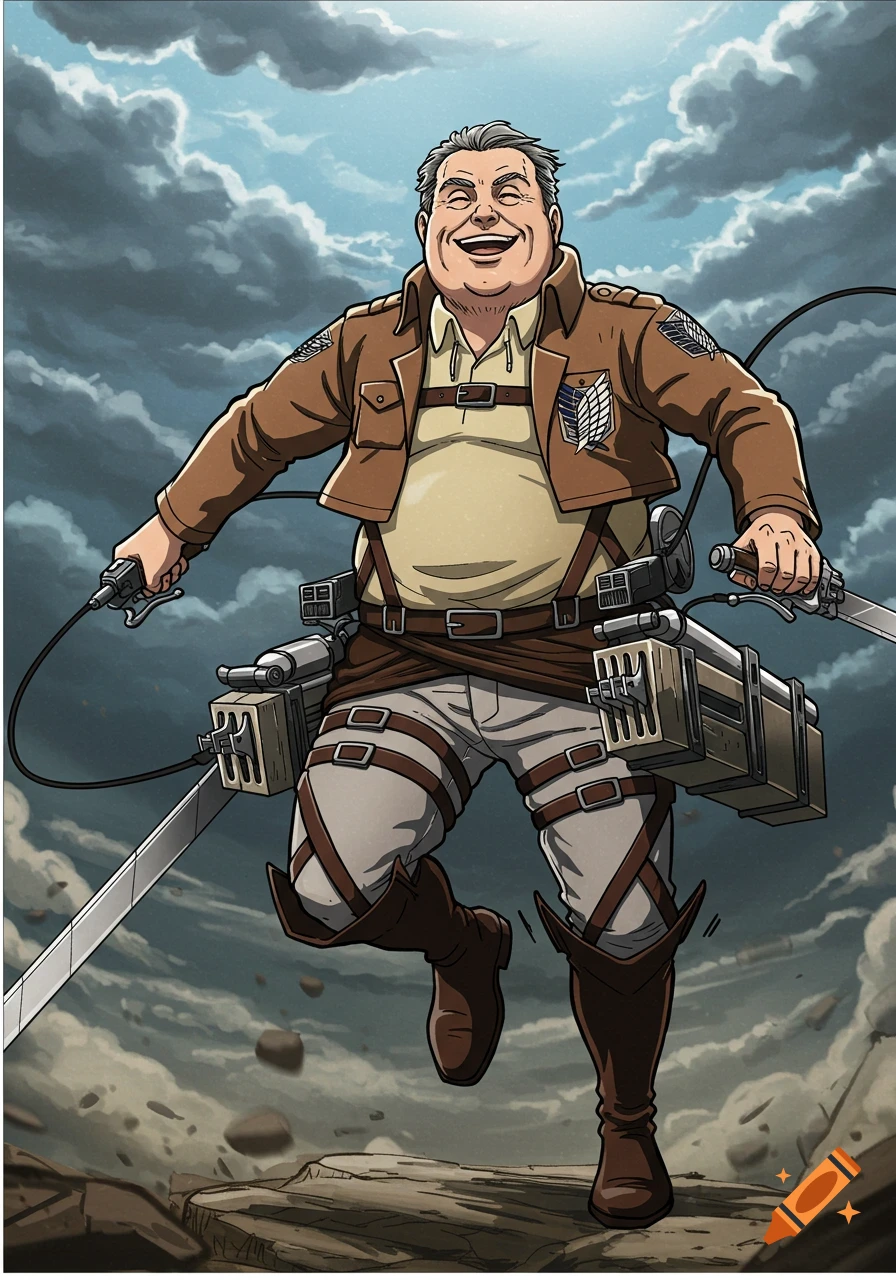 Anime illustration of a stout man in Attack on Titan scout gear flying ...