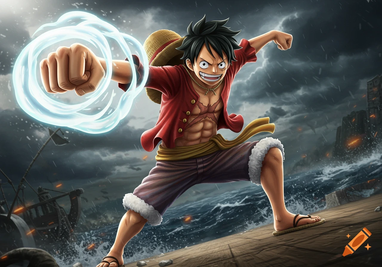 Monkey D. Luffy in an action pose with a glowing attack during a storm ...