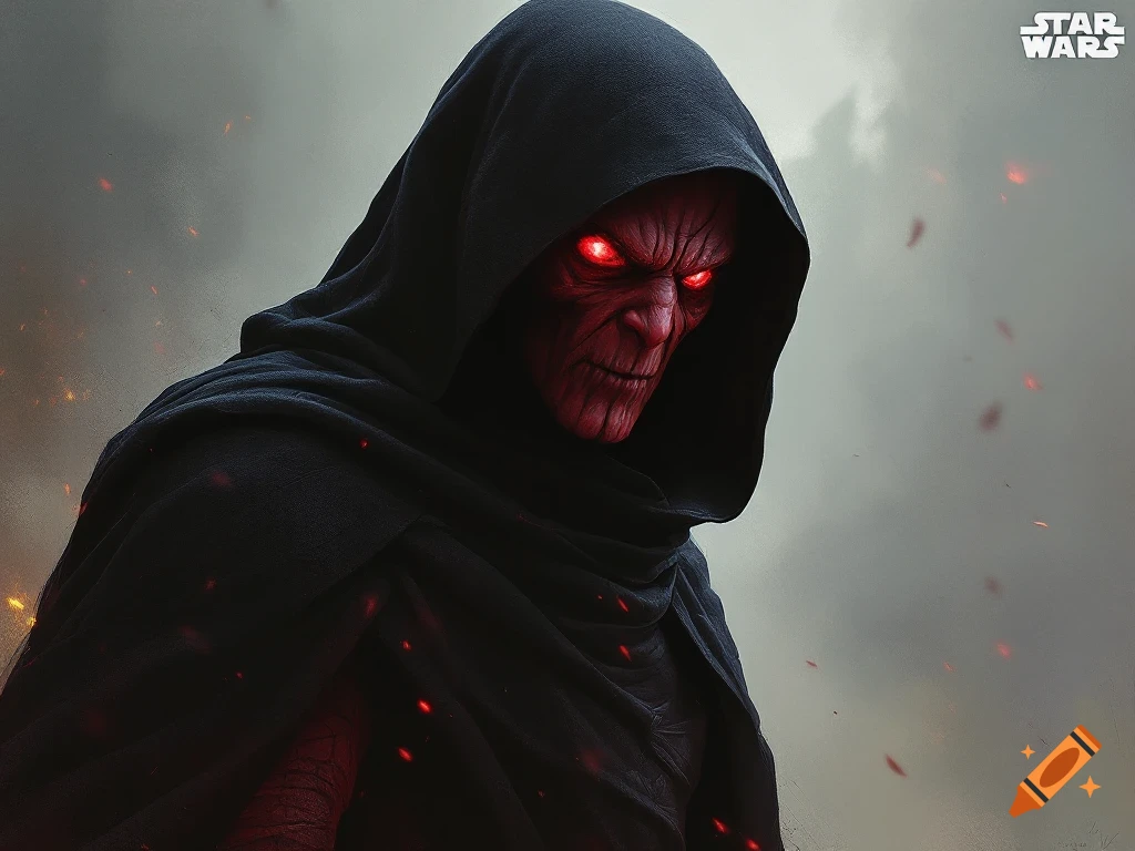 Menacing hooded figure with red skin and glowing red eyes, styled like ...