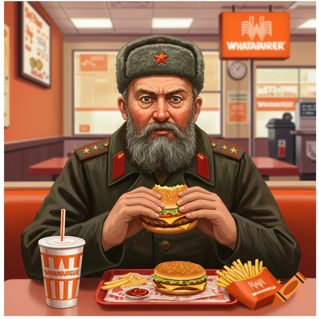 Illustration of a man in Soviet military uniform eating a burger and ...