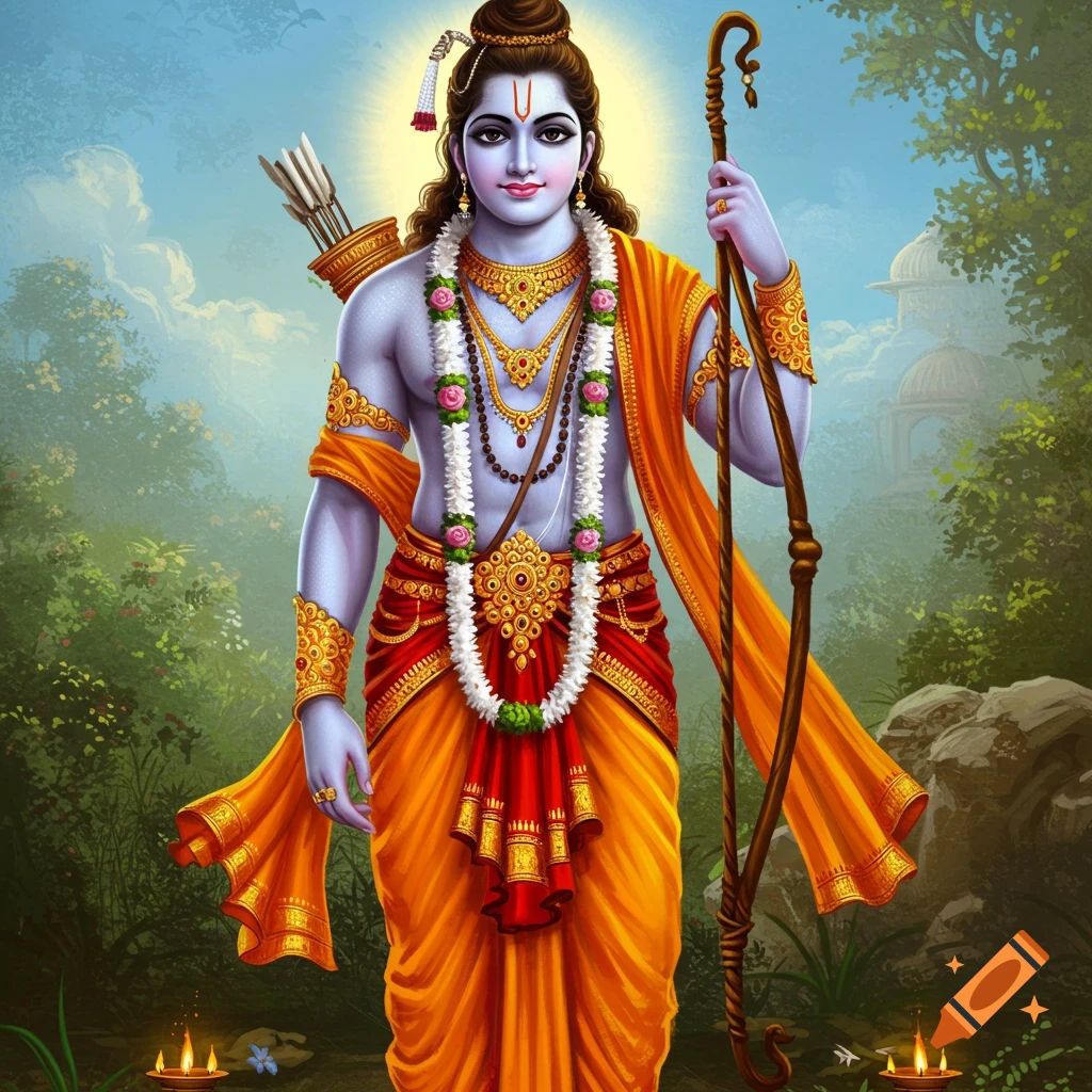 Painting of Lord Rama holding a bow and arrow in a forest setting on ...