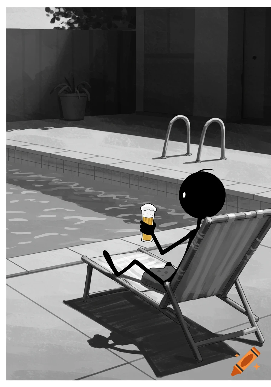 A black and white illustration of a stick figure relaxing in a chair by ...
