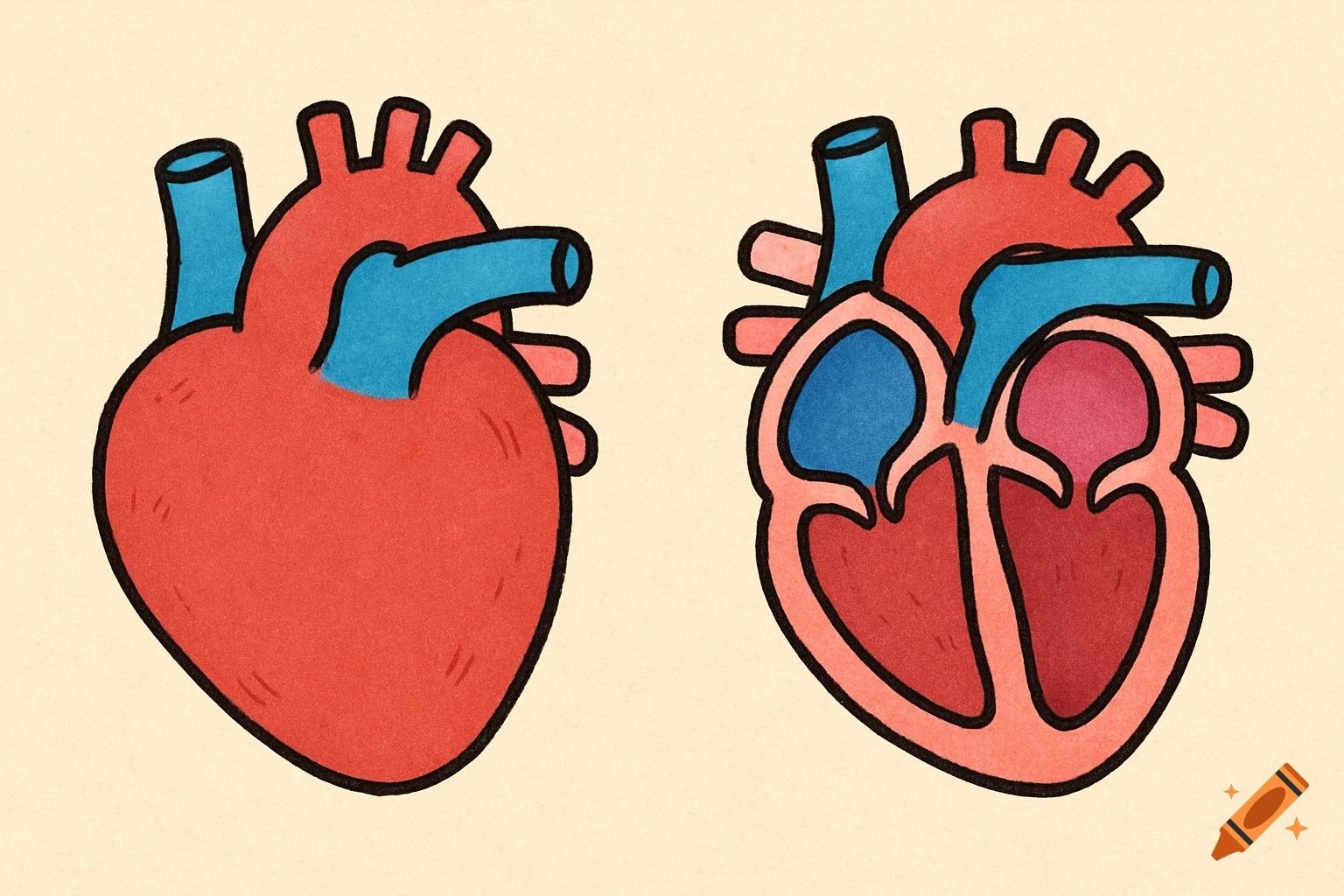 Children's book style drawing of an anatomical heart, showing outside ...