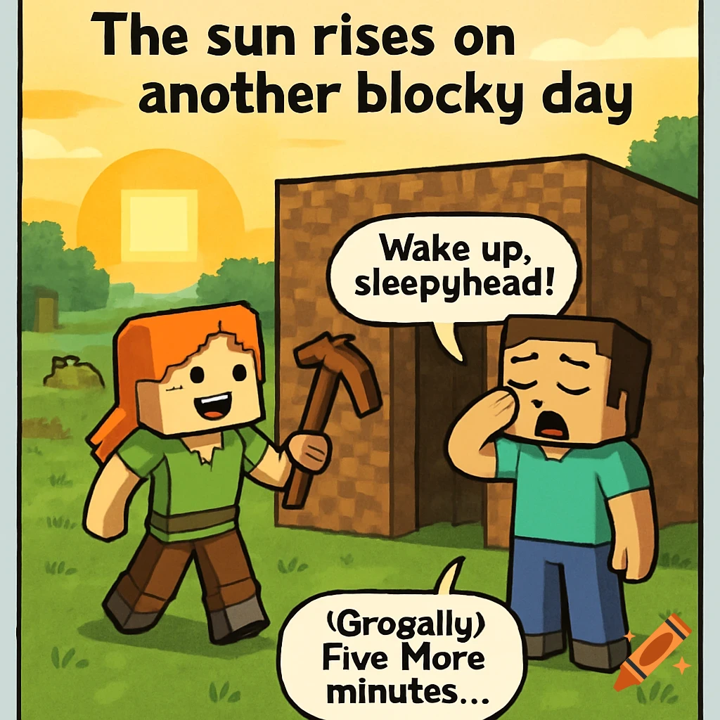 A Minecraft comic shows Alex waking up a sleepy Steve outside their ...