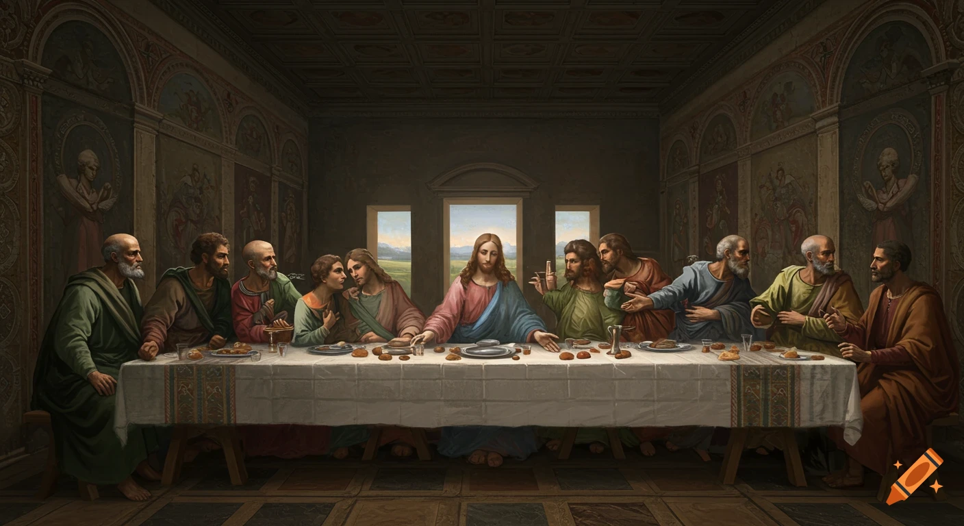Painting of Jesus and disciples gathered around a long table for the ...