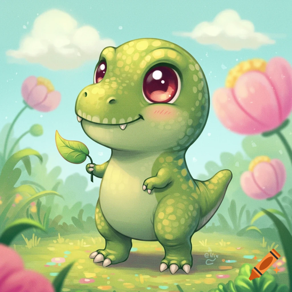 A cute chibi green dinosaur stands in a field of flowers, holding a ...