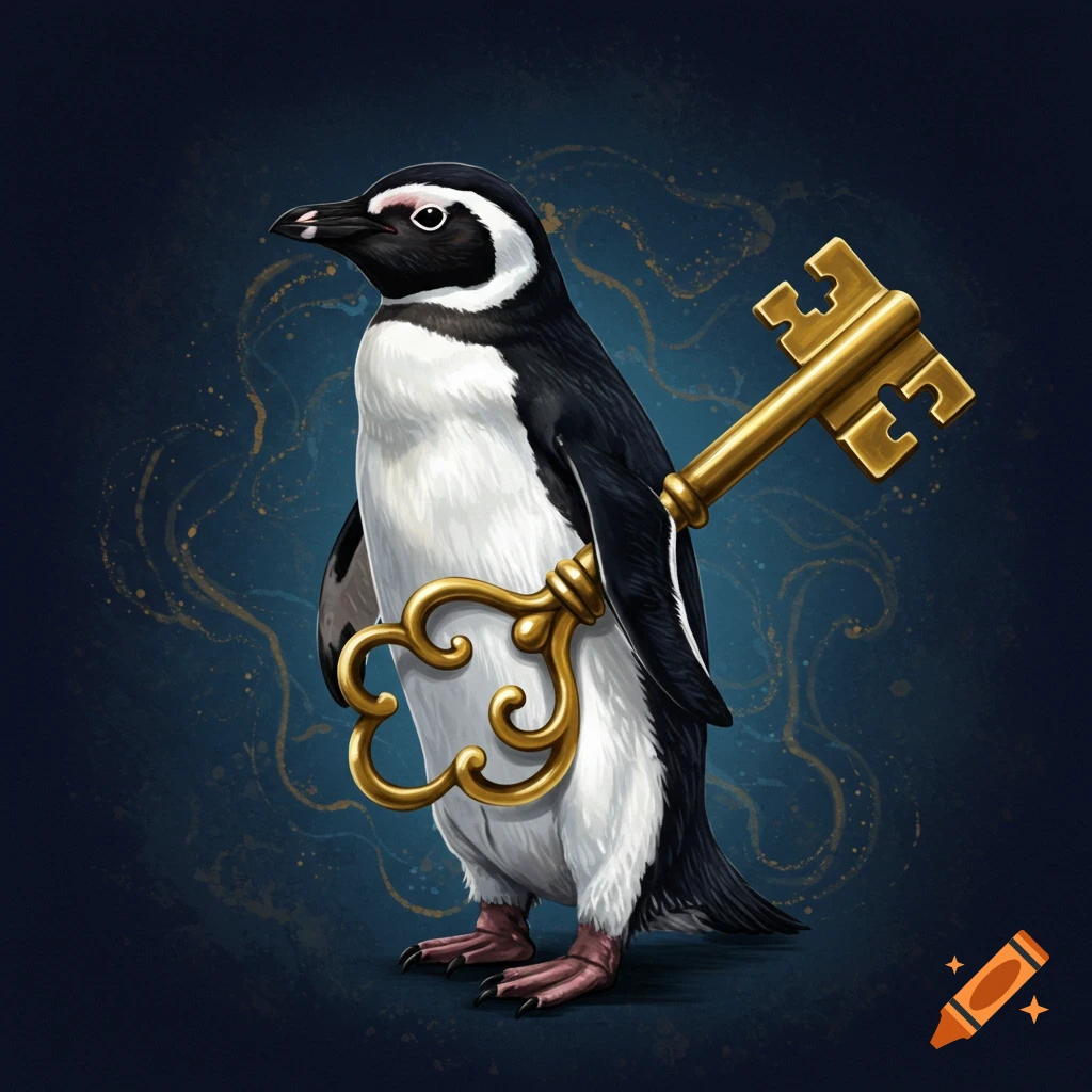 An illustration of a penguin with a large ornate golden key attached to ...